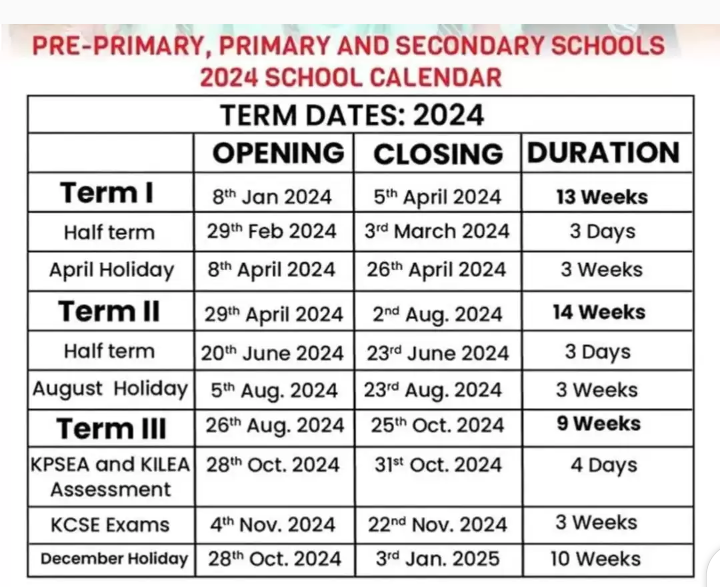 Revised school calendar 2024